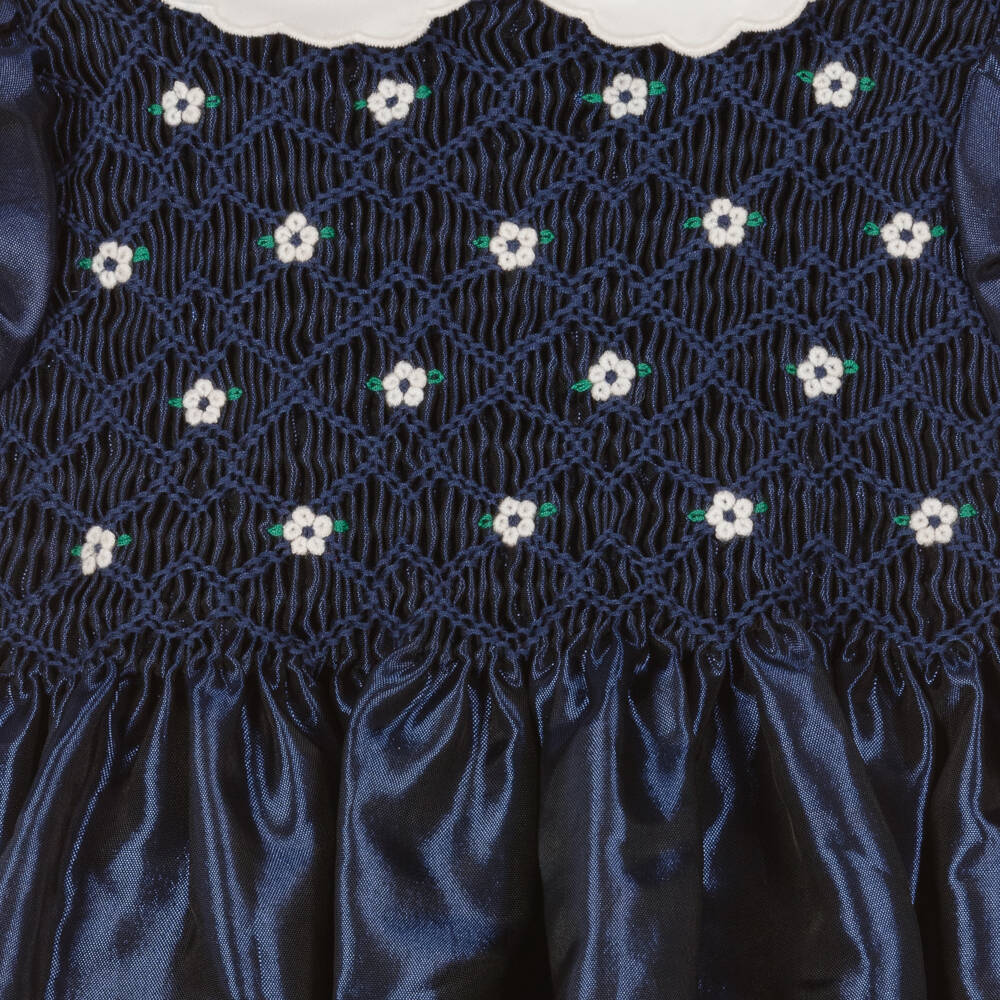 Rachel Riley - Baby Girls Blue Hand-Smocked Satin Dress | Childrensalon