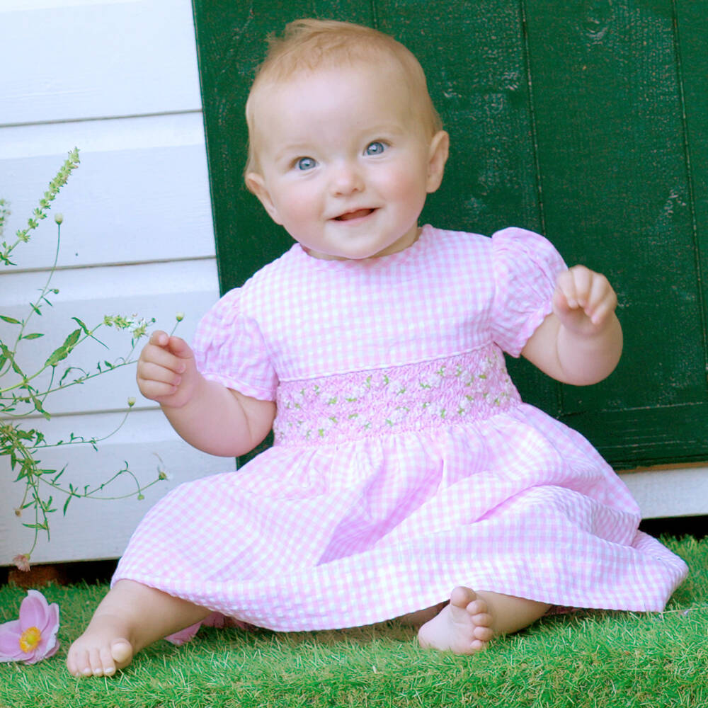 Rachel Riley - Baby Girls Hand-Smocked Pink Gingham Dress with Bloomers ...