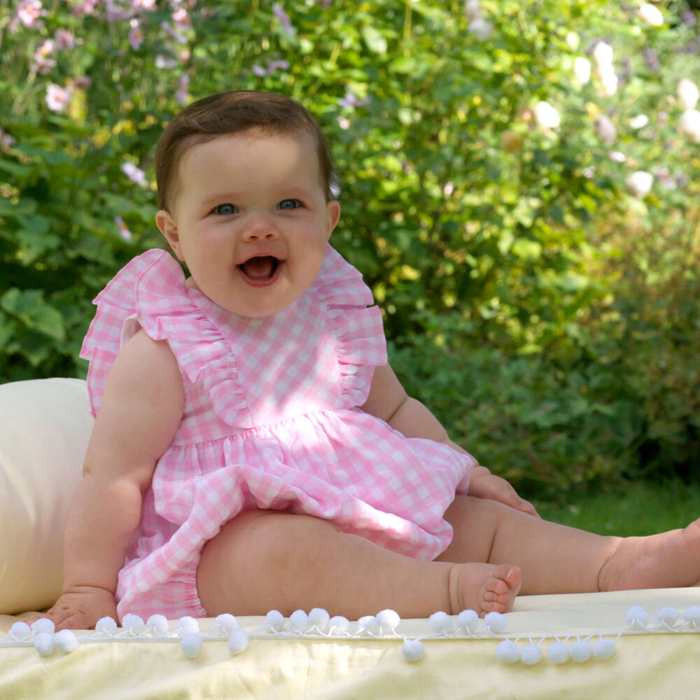 Rachel Riley - Baby Girls Pink Gingham Seersucker Shortie with Ruffles | Childrensalon