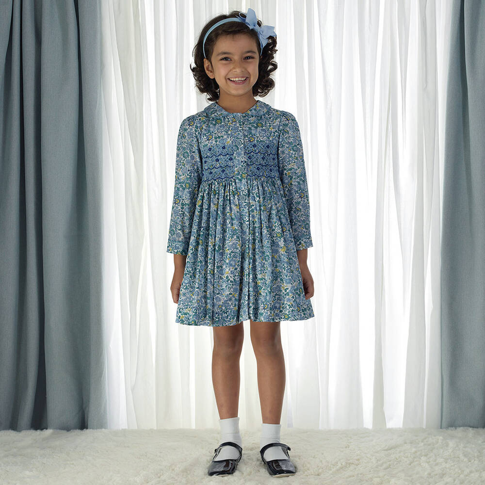 Rachel Riley - Girls Blue Floral Smocked Cotton Dress | Childrensalon
