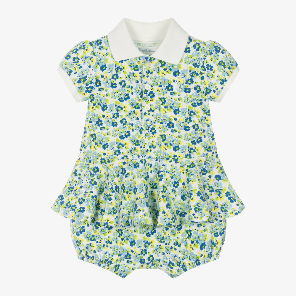 Ralph Lauren - Baby Girls Blue Floral Polo Shortie | Childrensalon