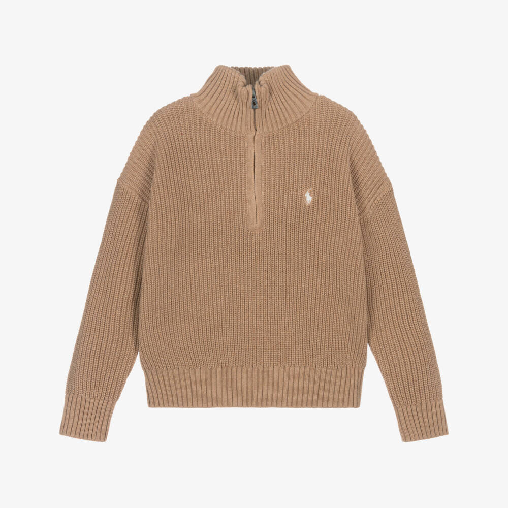 Ralph Lauren - Girls Beige Cotton Knit Quarter-Zip Sweater | Childrensalon