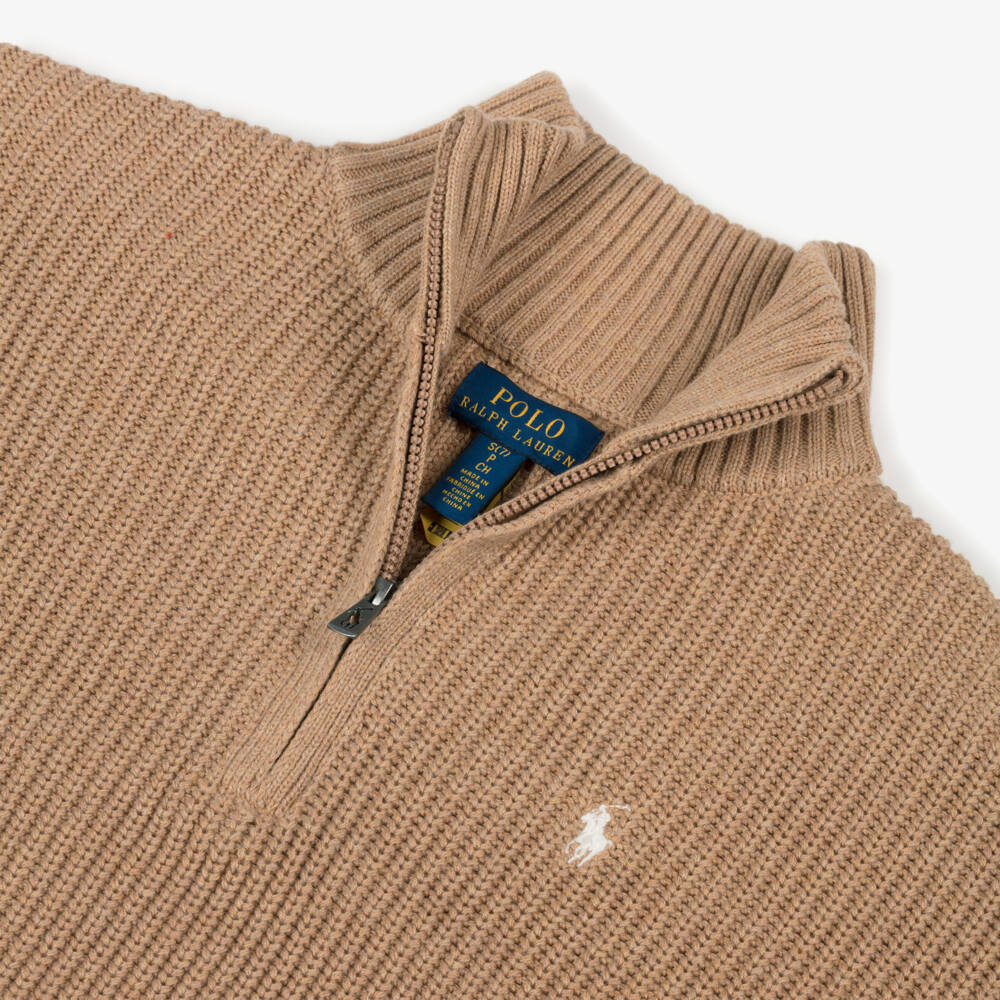 Ralph Lauren - Girls Beige Cotton Knit Quarter-Zip Sweater | Childrensalon