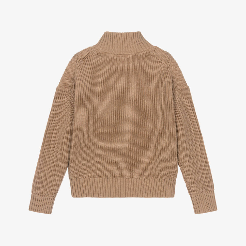 Ralph Lauren - Girls Beige Cotton Knit Quarter-Zip Sweater | Childrensalon