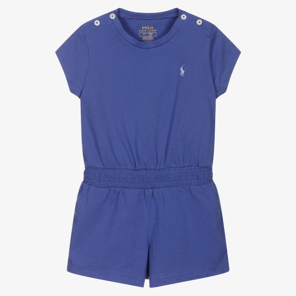 Ralph Lauren - Girls Blue Cotton Playsuit | Childrensalon