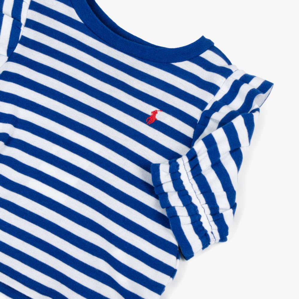 Ralph Lauren - Girls Blue Striped Cotton & Modal T-Shirt | Childrensalon