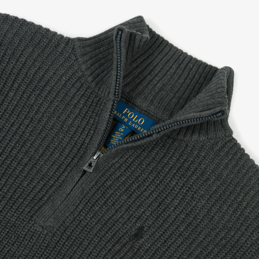 Ralph Lauren - Girls Grey Cotton Knit Quarter-Zip Sweater | Childrensalon