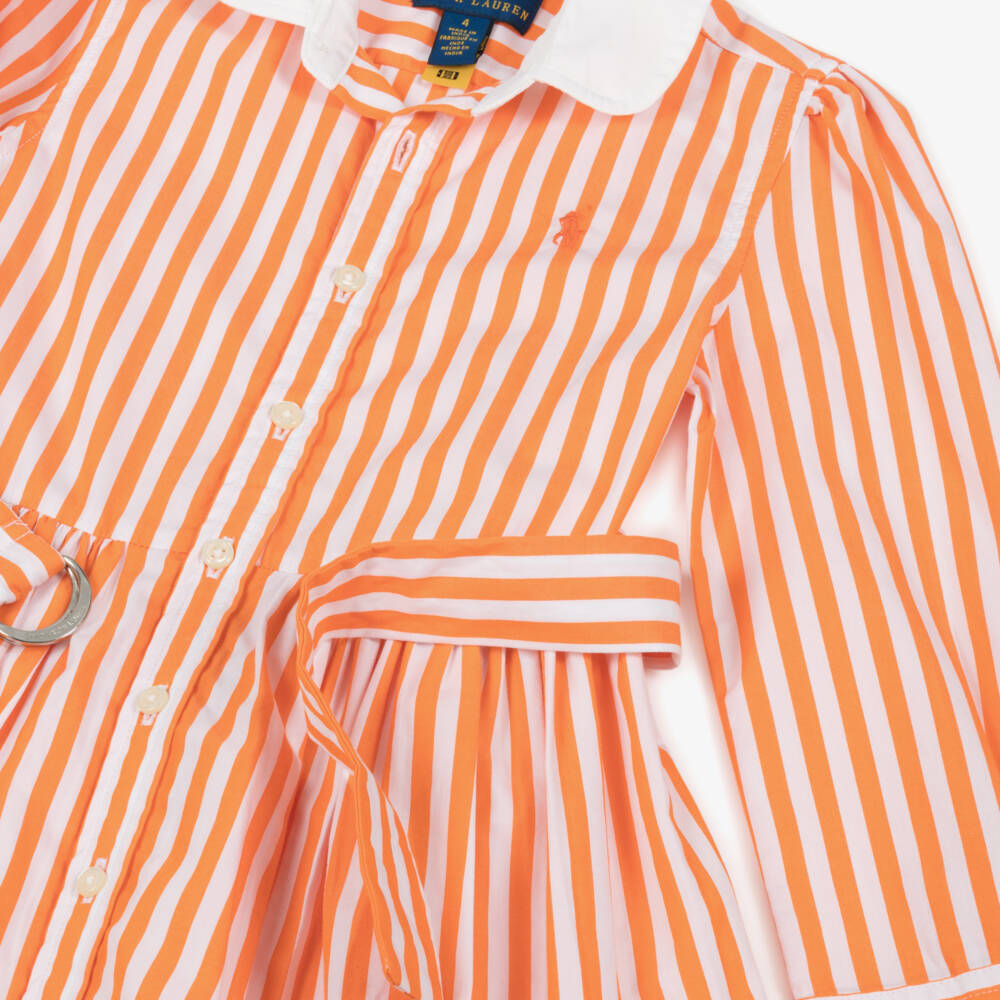Ralph Lauren - Girls Orange Stripe Cotton Shirt Dress | Childrensalon