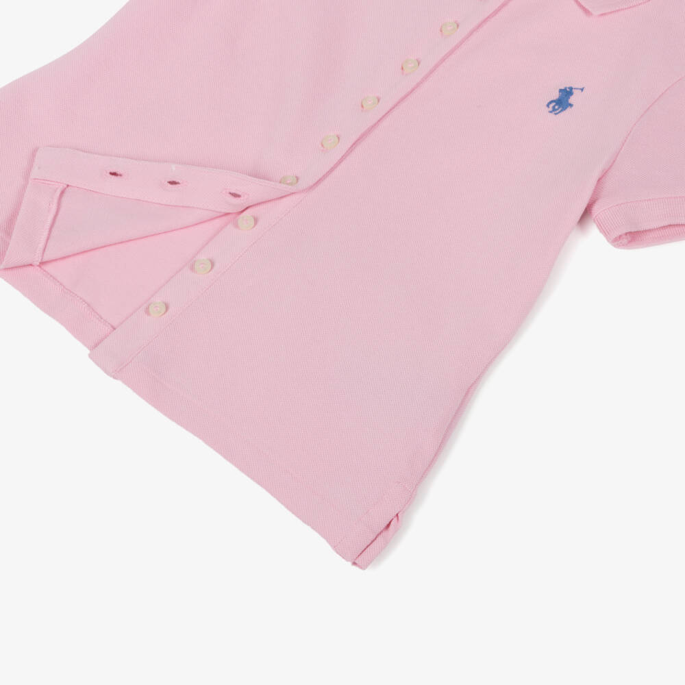 Ralph Lauren - Girls Pink Cotton Button-Front Polo Shirt | Childrensalon