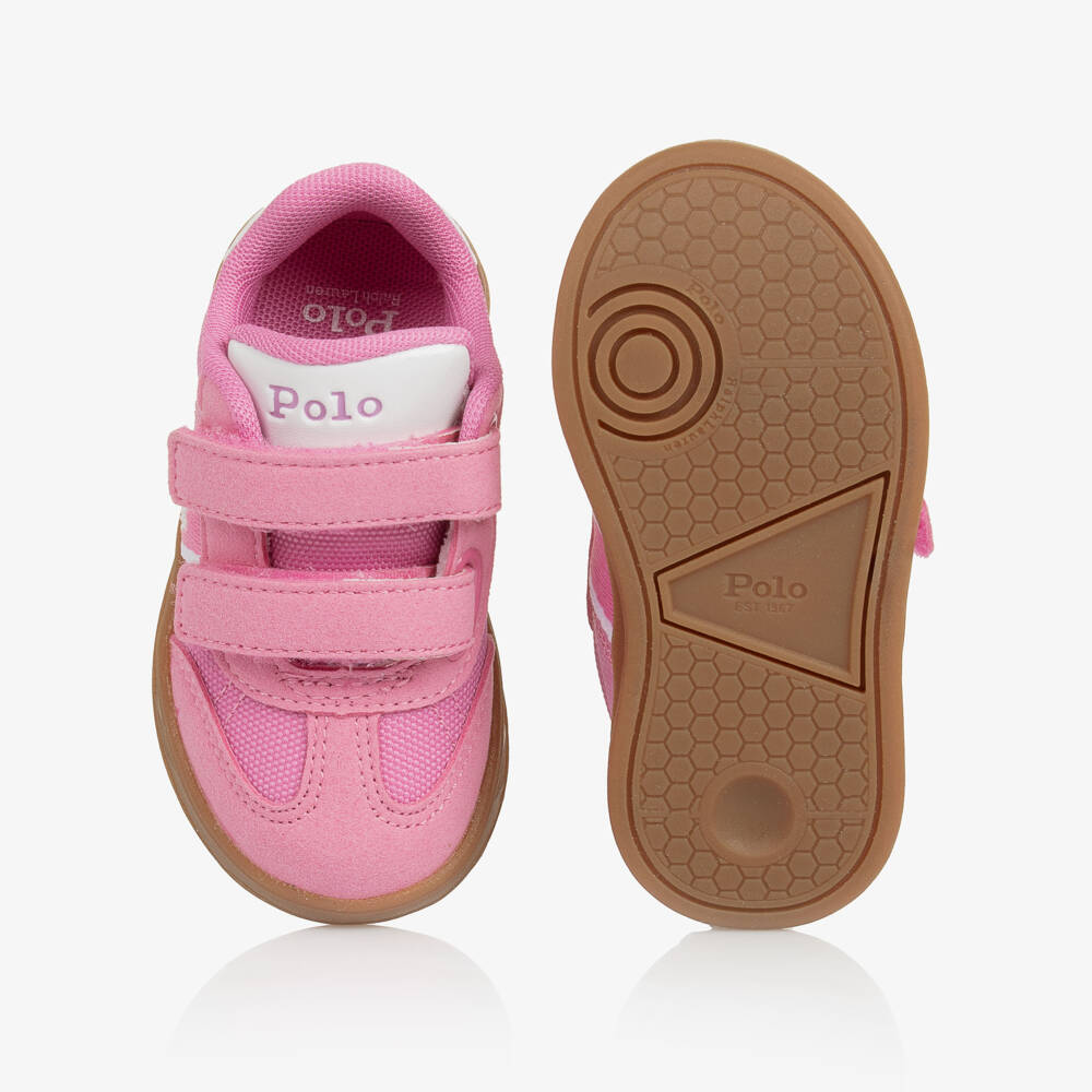 Ralph Lauren - Girls Pink Polo Logo Velcro Trainers | Childrensalon