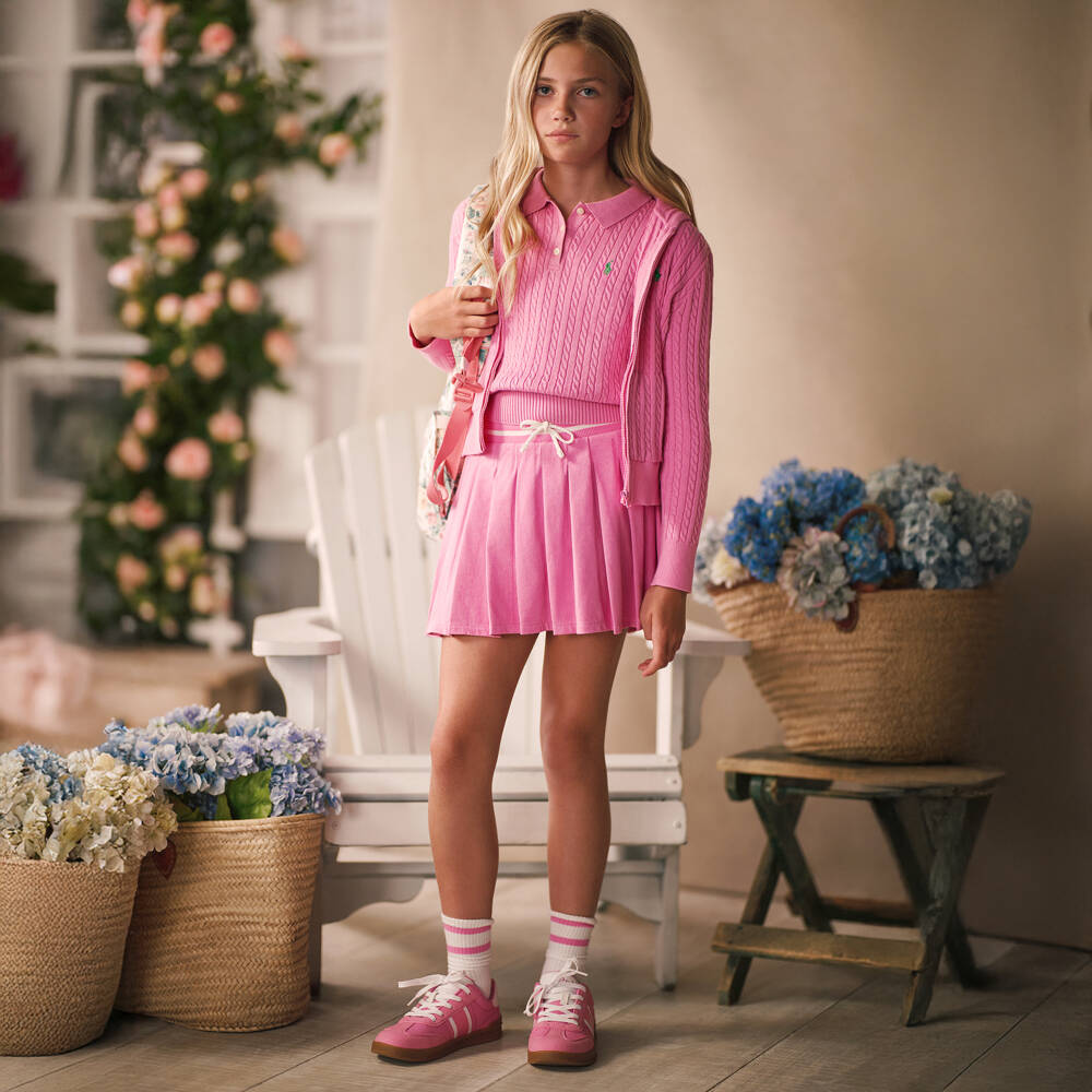 Ralph Lauren - Girls Pink Textile Logo Trainers | Childrensalon