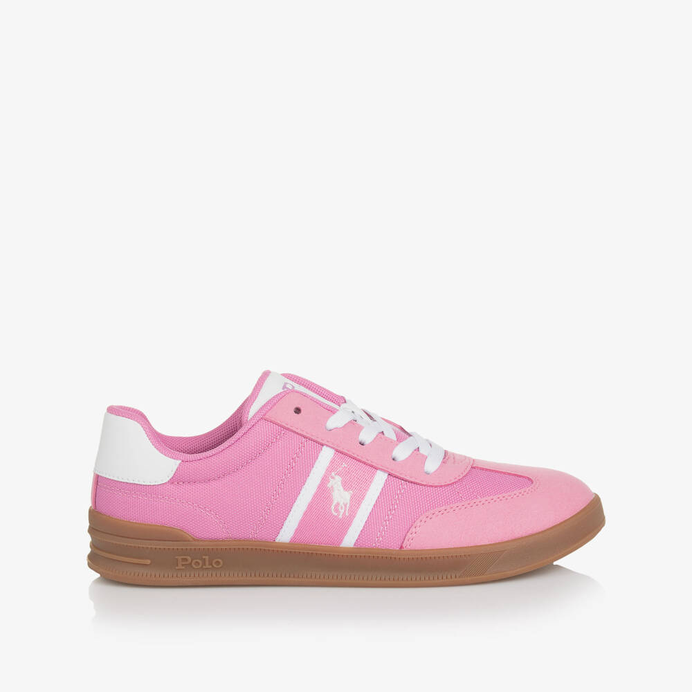 Ralph Lauren - Girls Pink Textile Logo Trainers | Childrensalon