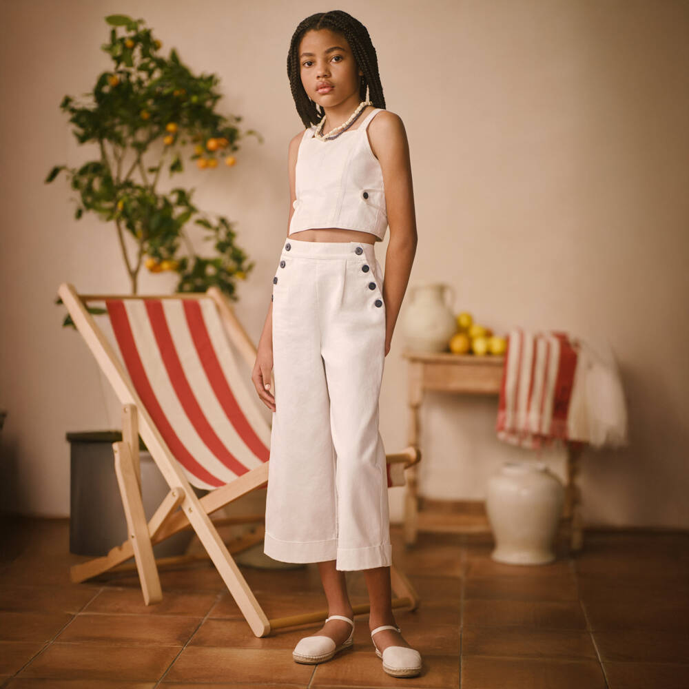 Ralph Lauren - Girls White Canvas Trouser Set | Childrensalon