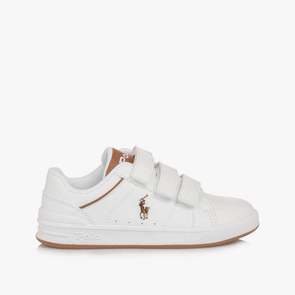 Ralph Lauren - White & Brown Velcro Trainers with Pony Logo | Childrensalon