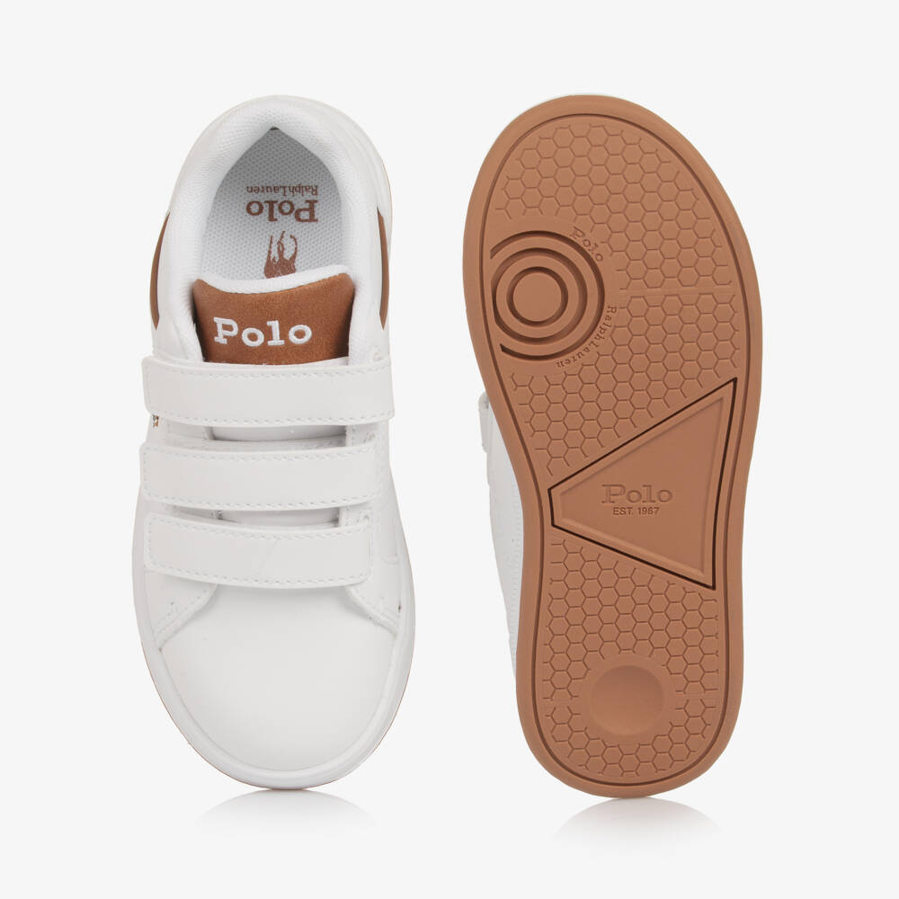 Ralph Lauren - White & Brown Velcro Trainers with Pony Logo | Childrensalon