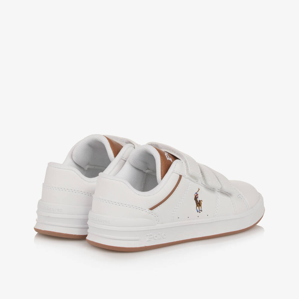 Ralph Lauren - White & Brown Velcro Trainers with Pony Logo | Childrensalon