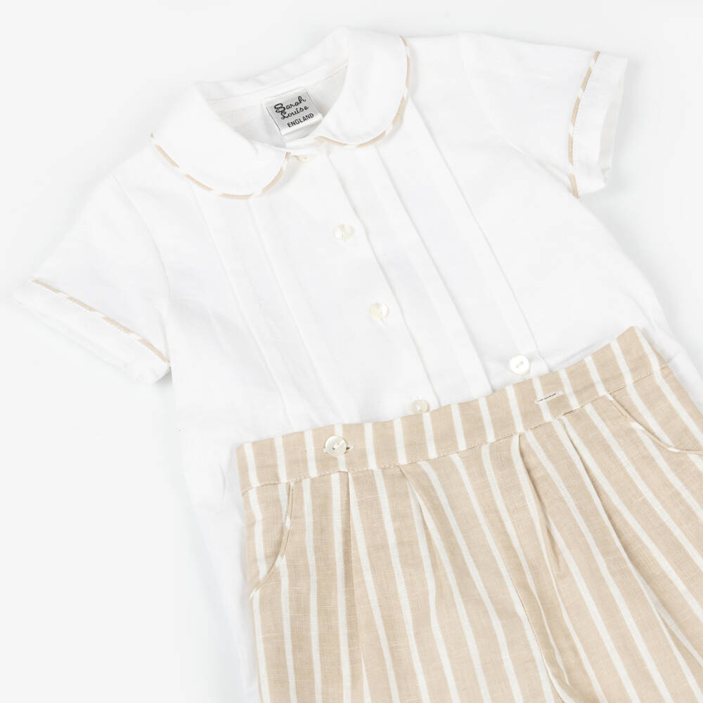 Sarah Louise - Boys Ivory & Beige Striped Linen Buster Suit | Childrensalon