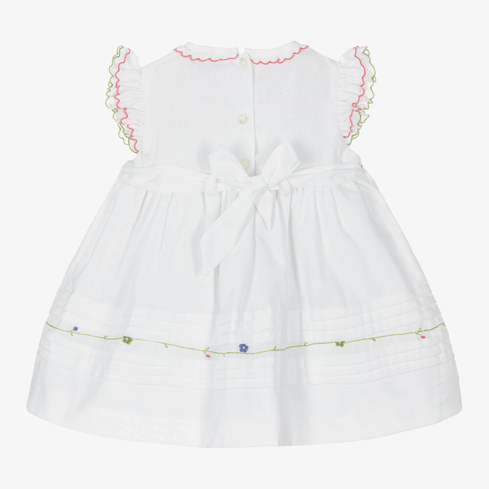 Sarah Louise - Girls White Hand-Smocked Dress with Floral Embroidery ...
