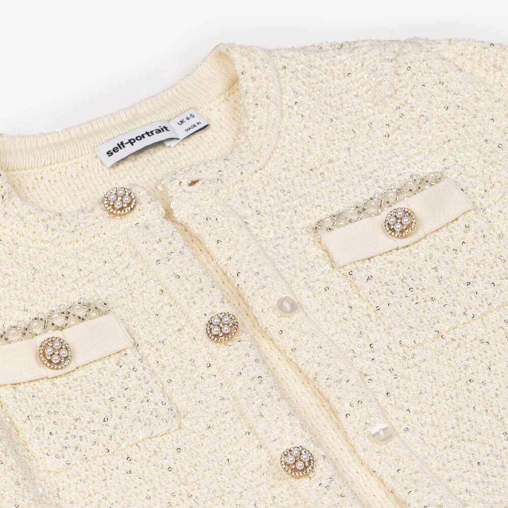Self-Portrait - Girls Ivory Cotton Knit Sequin Cardigan | Childrensalon