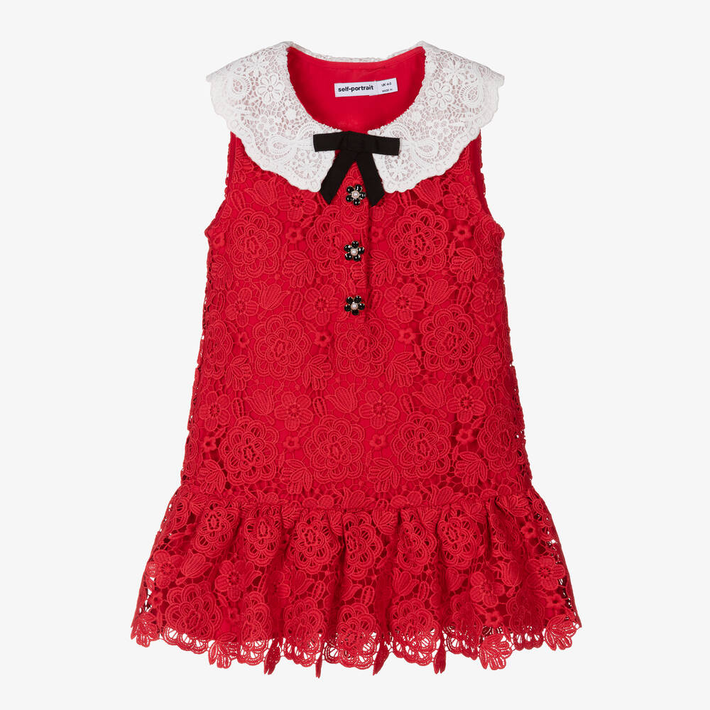 Self-Portrait - Girls Red Lace Collar Dress | Childrensalon