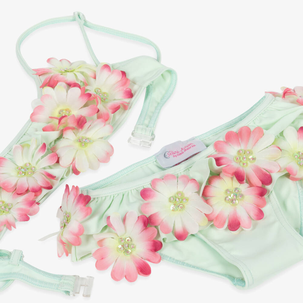Selini Action - Girls Mint Green Sequinned Flower Bikini | Childrensalon