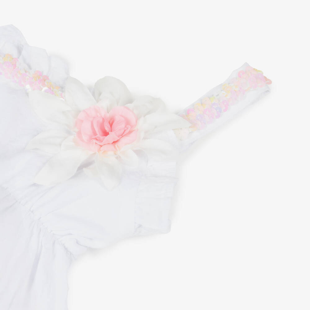 Selini Action - Girls White Cotton Sequin Playsuit | Childrensalon
