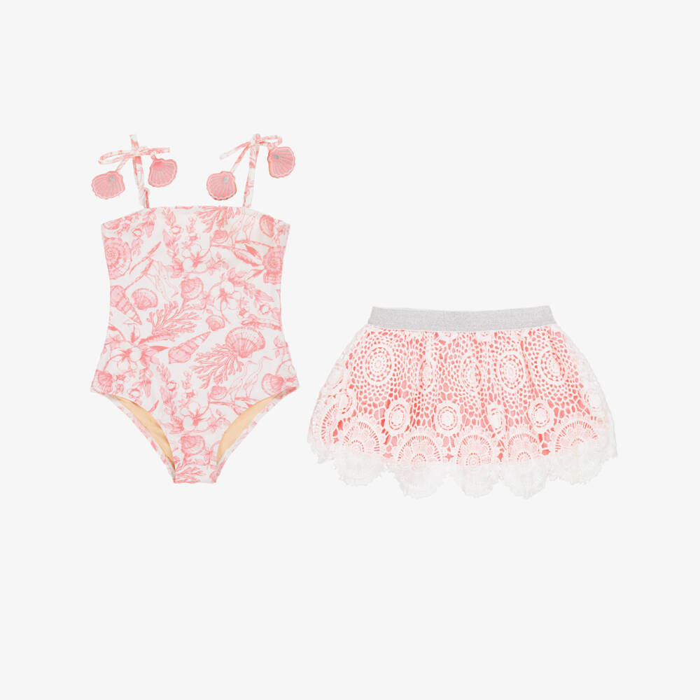 Shade Critters - Girls Pink Seashell Swimsuit Set (UPF50+) | Childrensalon