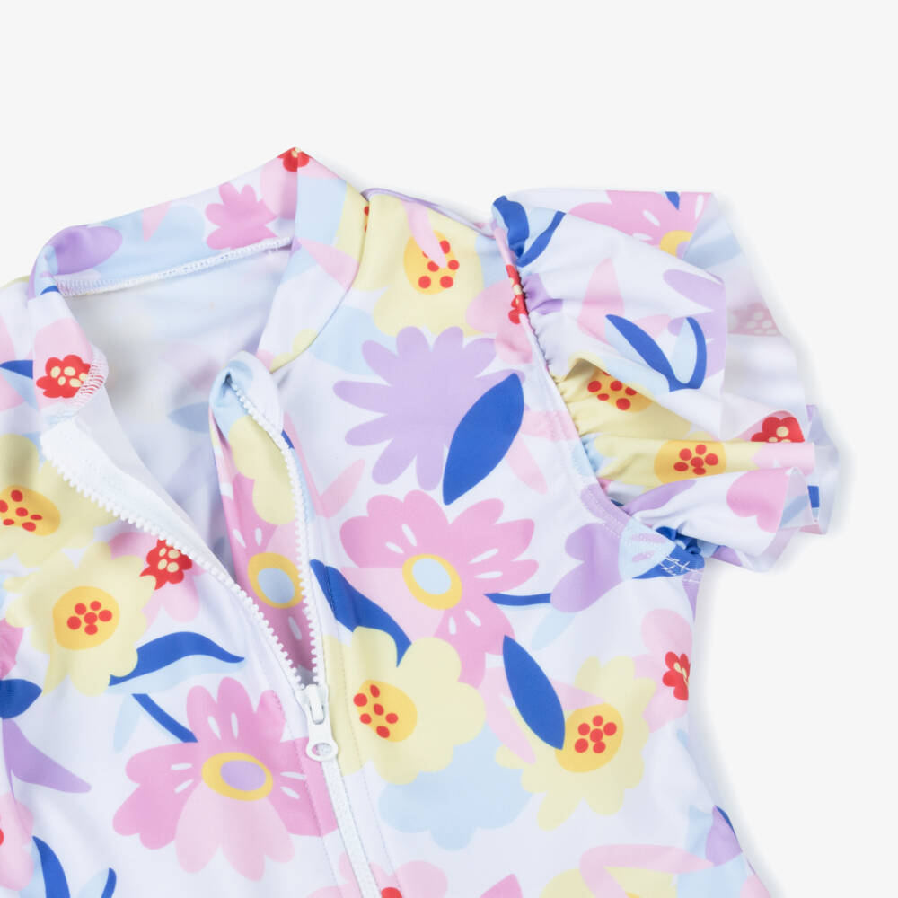 Soli Swim - Girls Pink & Purple Floral Swimsuit (UPF50+) | Childrensalon