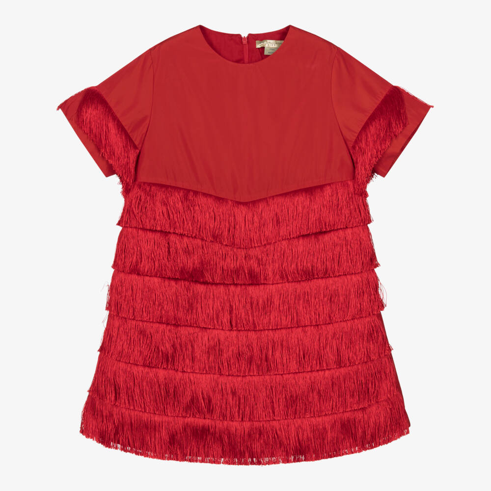 Stella McCartney Kids - Girls Red Satin Fringed Dress | Childrensalon