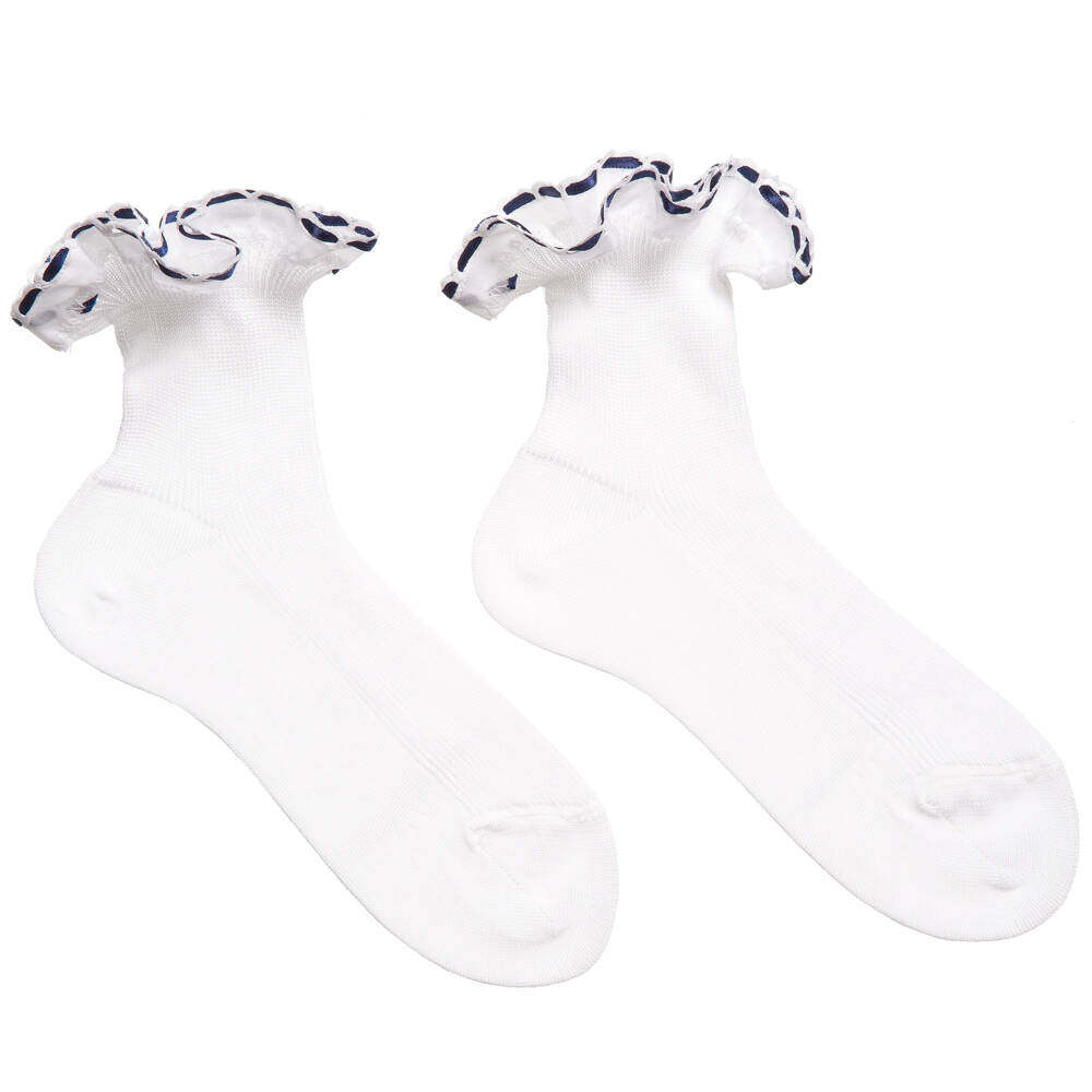 Story Loris - Girls White Cotton Socks with Blue Ribbon Ruffles ...