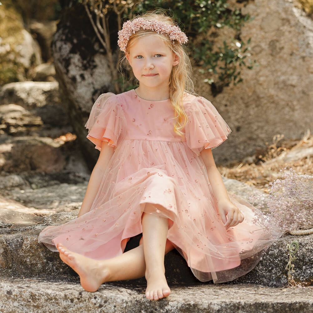 Tartine et Chocolat - Girls Pink Tulle Dress with Floral Embroidery ...