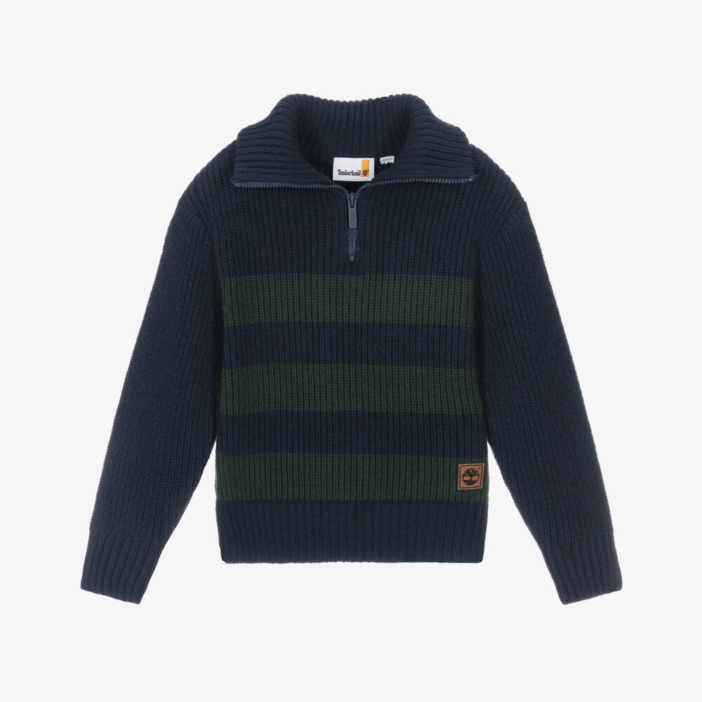 Timberland - Boys Blue & Green Stripe Quarter Zip Jumper | Childrensalon