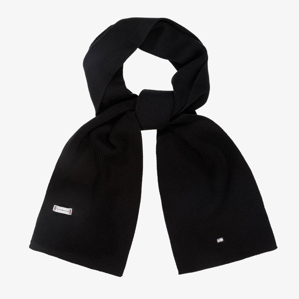 Tommy Hilfiger - Black Cotton Knit Flag Logo Scarf | Childrensalon