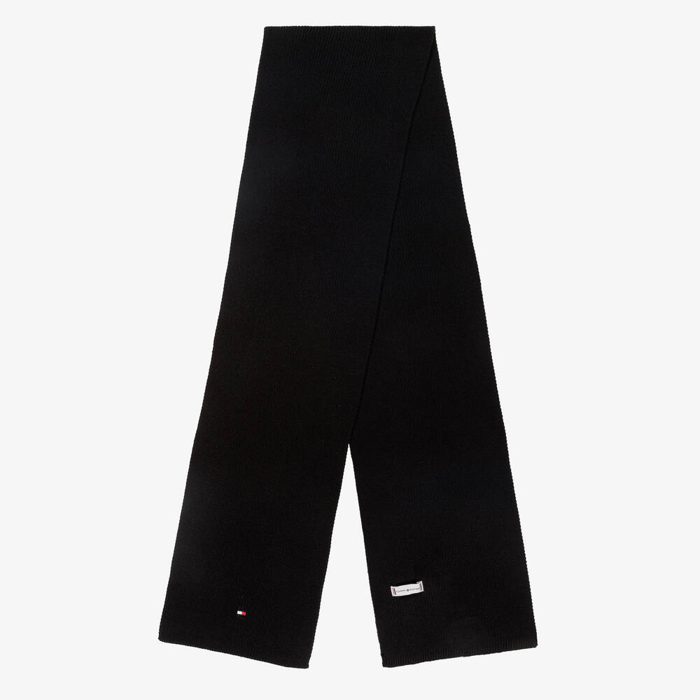 Tommy Hilfiger - Black Cotton Knit Flag Logo Scarf | Childrensalon