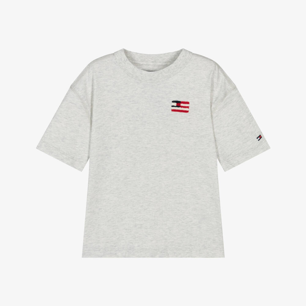 Tommy Hilfiger - Boys Grey Bouclé Flag Cotton T-Shirt | Childrensalon
