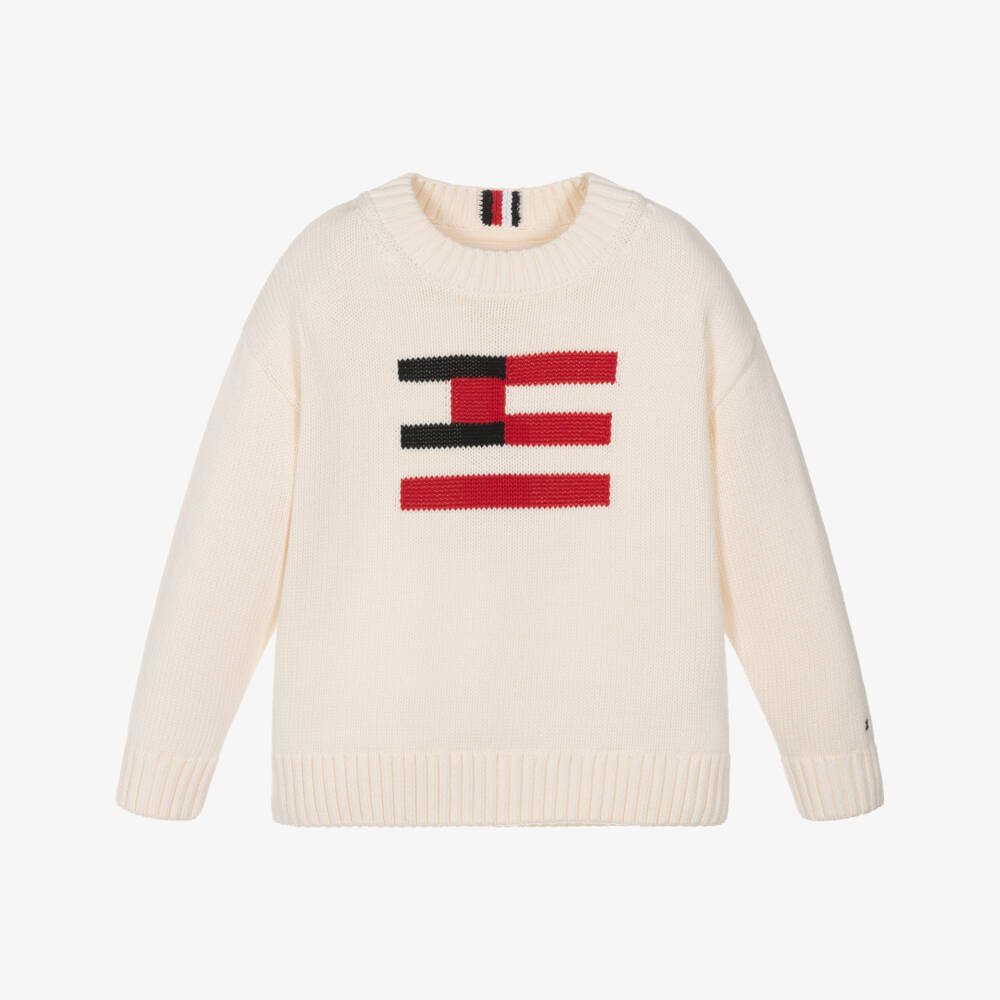 Tommy Hilfiger - Boys Ivory Flag Cotton Knit Jumper | Childrensalon