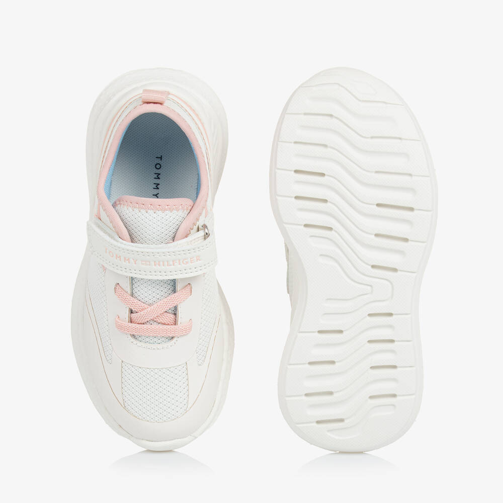 Tommy Hilfiger - Girls White & Pink Velcro Trainers | Childrensalon