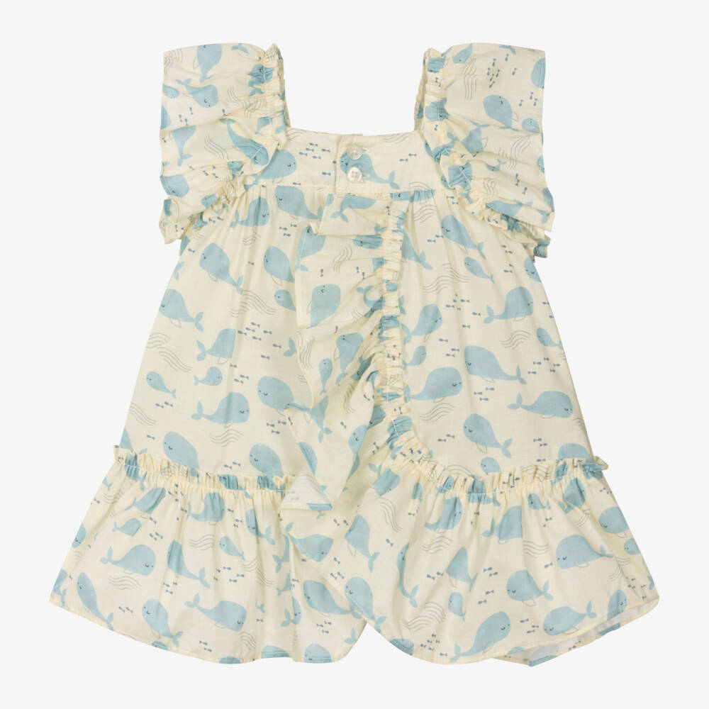 Tutto Piccolo - Girls Yellow Cotton Whale Print Dress | Childrensalon