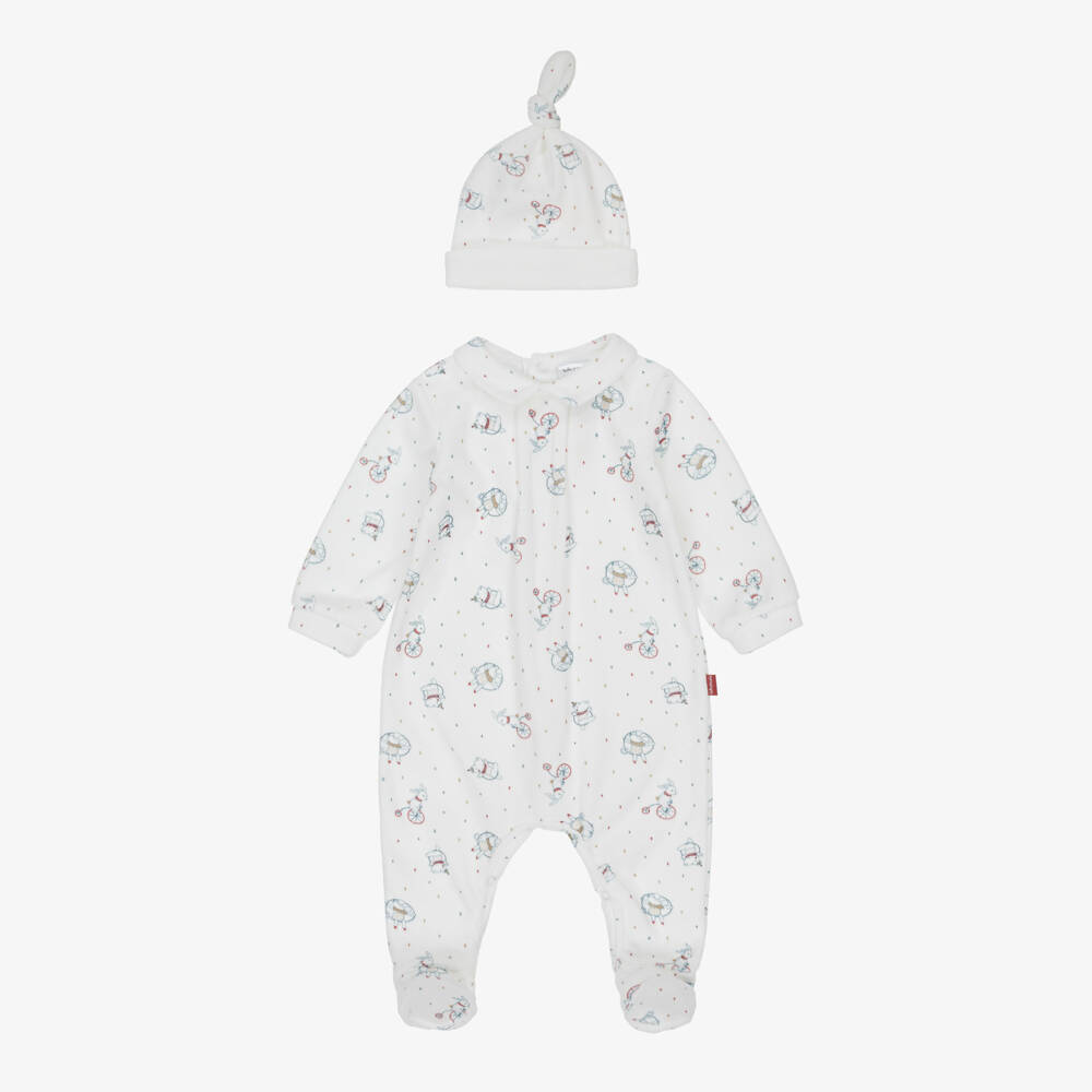 Tutto Piccolo - Ivory Velour Babygrow Set with Circus Animal Print ...