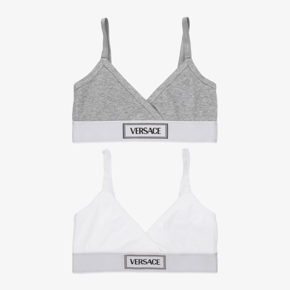 Versace - Girls Grey & White Cotton Bras (2 Pack) | Childrensalon