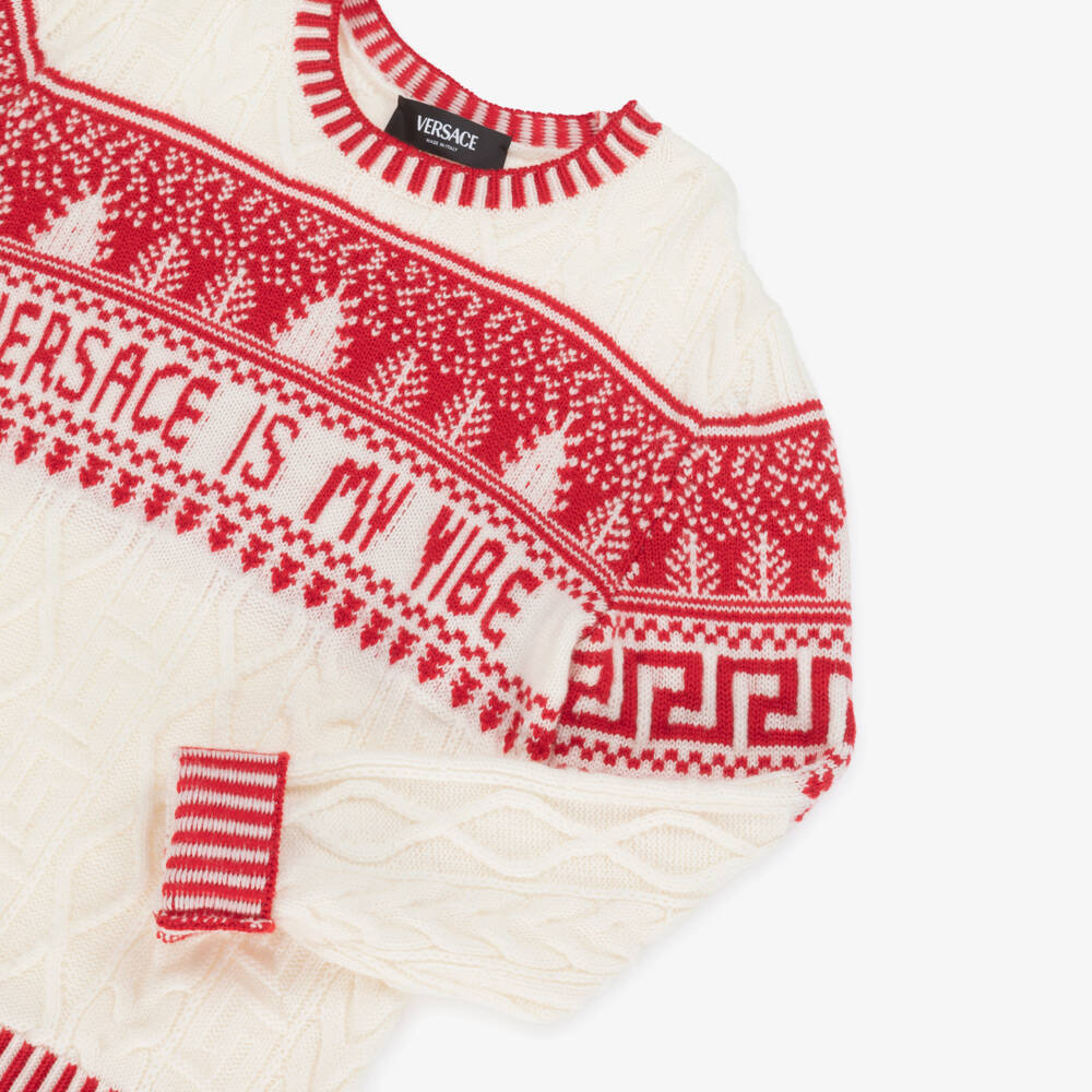 Versace - Ivory & Red Fair Isle Wool Sweater | Childrensalon
