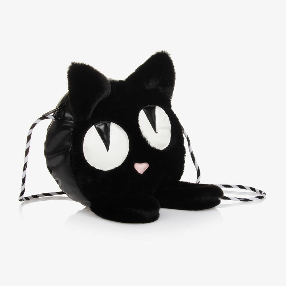Wauw Capow - Girls Black Cat Faux Fur Bag (19cm) | Childrensalon