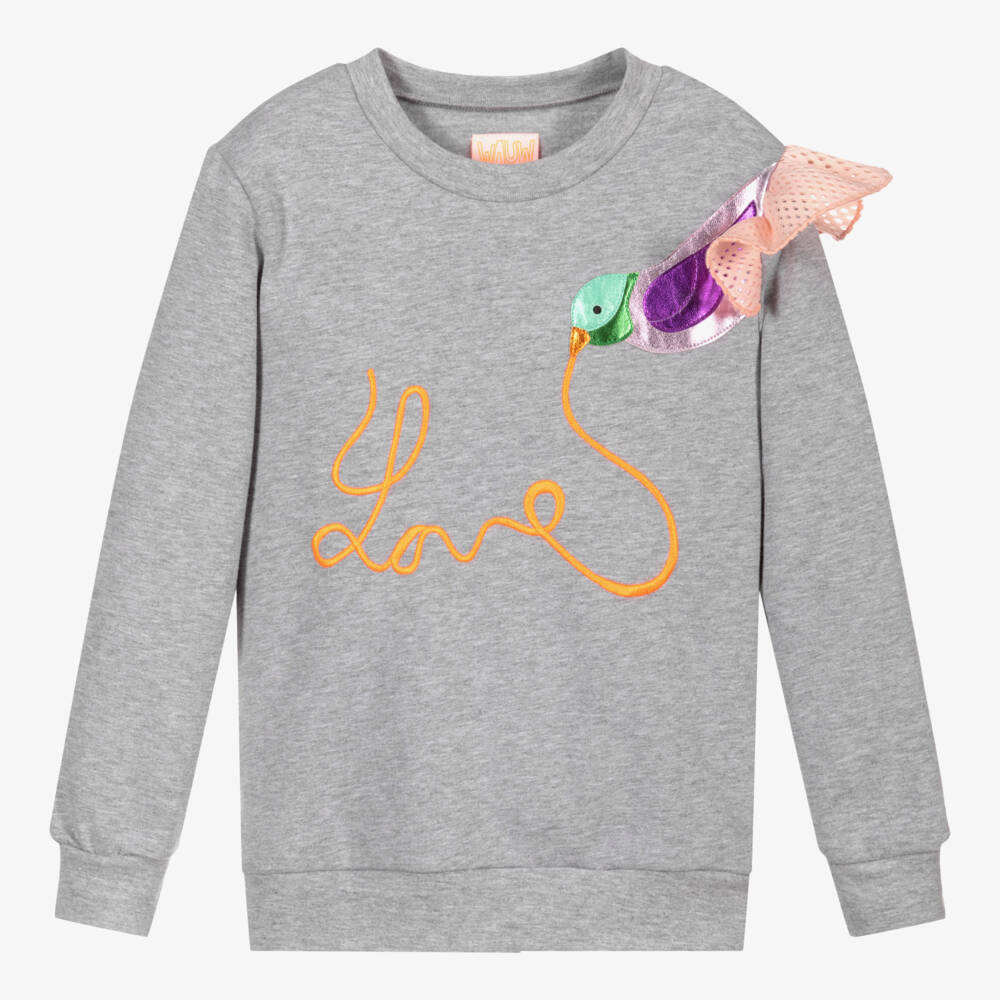 Wauw Capow - Girls Grey Love Sweatshirt | Childrensalon