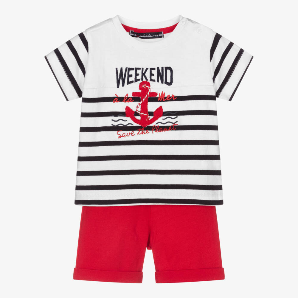Week-end à la mer - Boys White & Red Shorts Set | Childrensalon