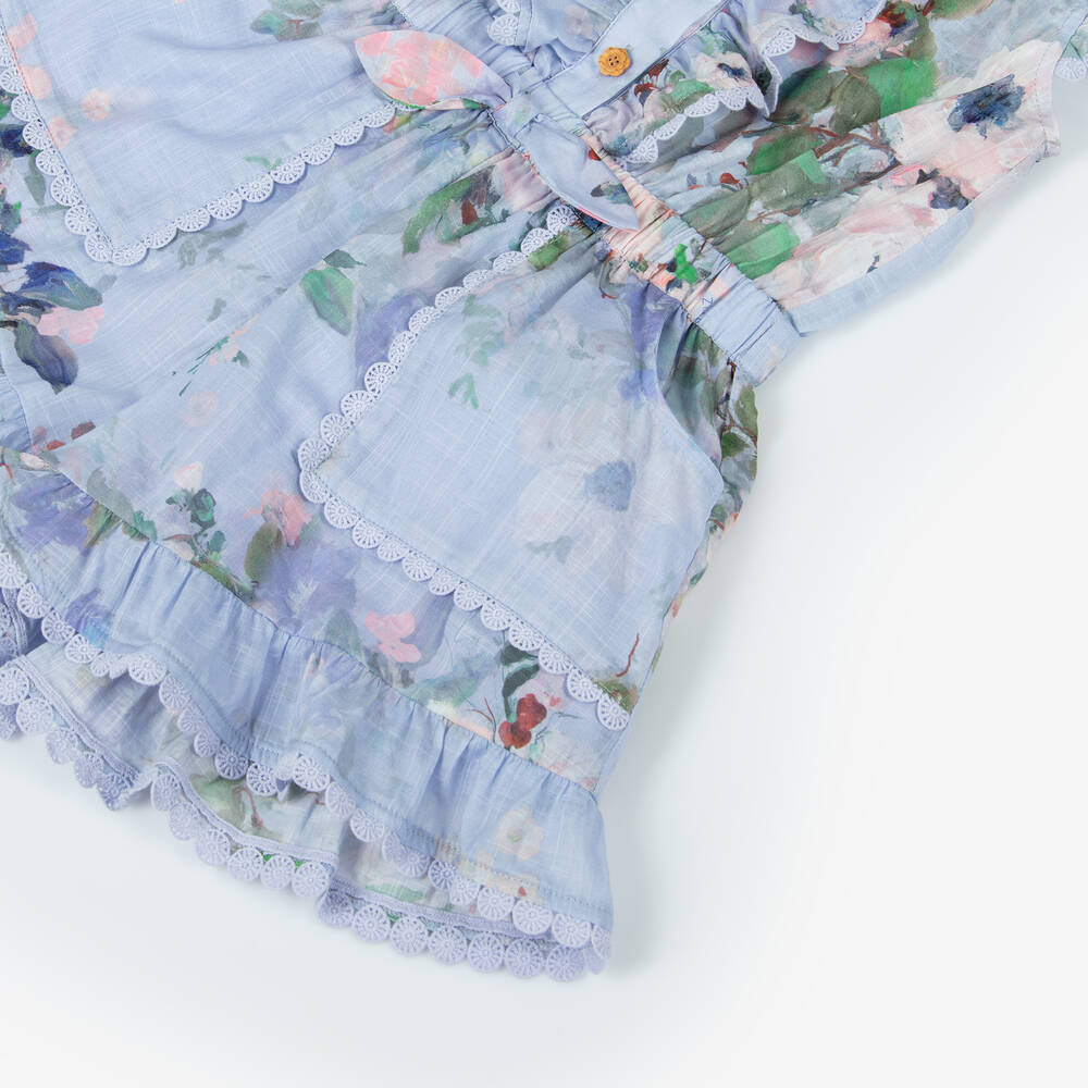 Zimmermann - Girls Blue Cotton Floral Playsuit | Childrensalon