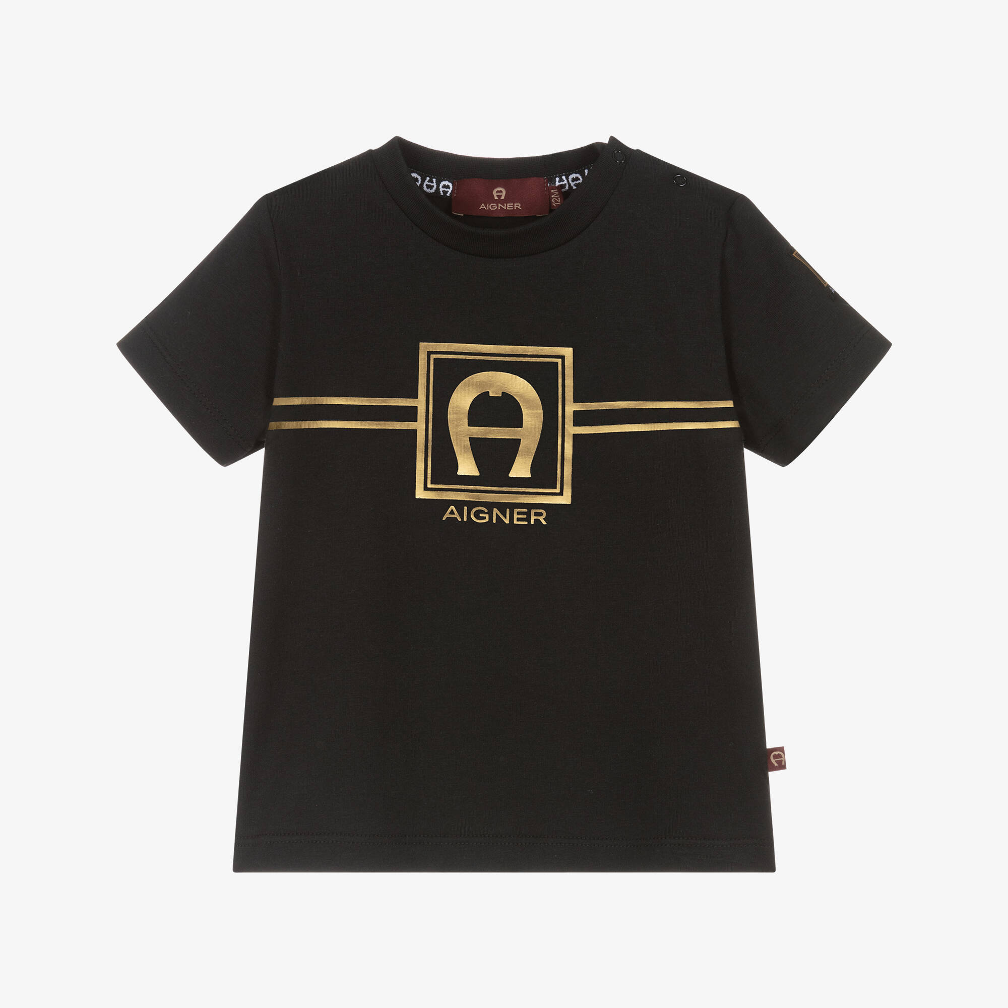 AIGNER - Boys Black Cotton T-Shirt with Gold Logo Print | Childrensalon