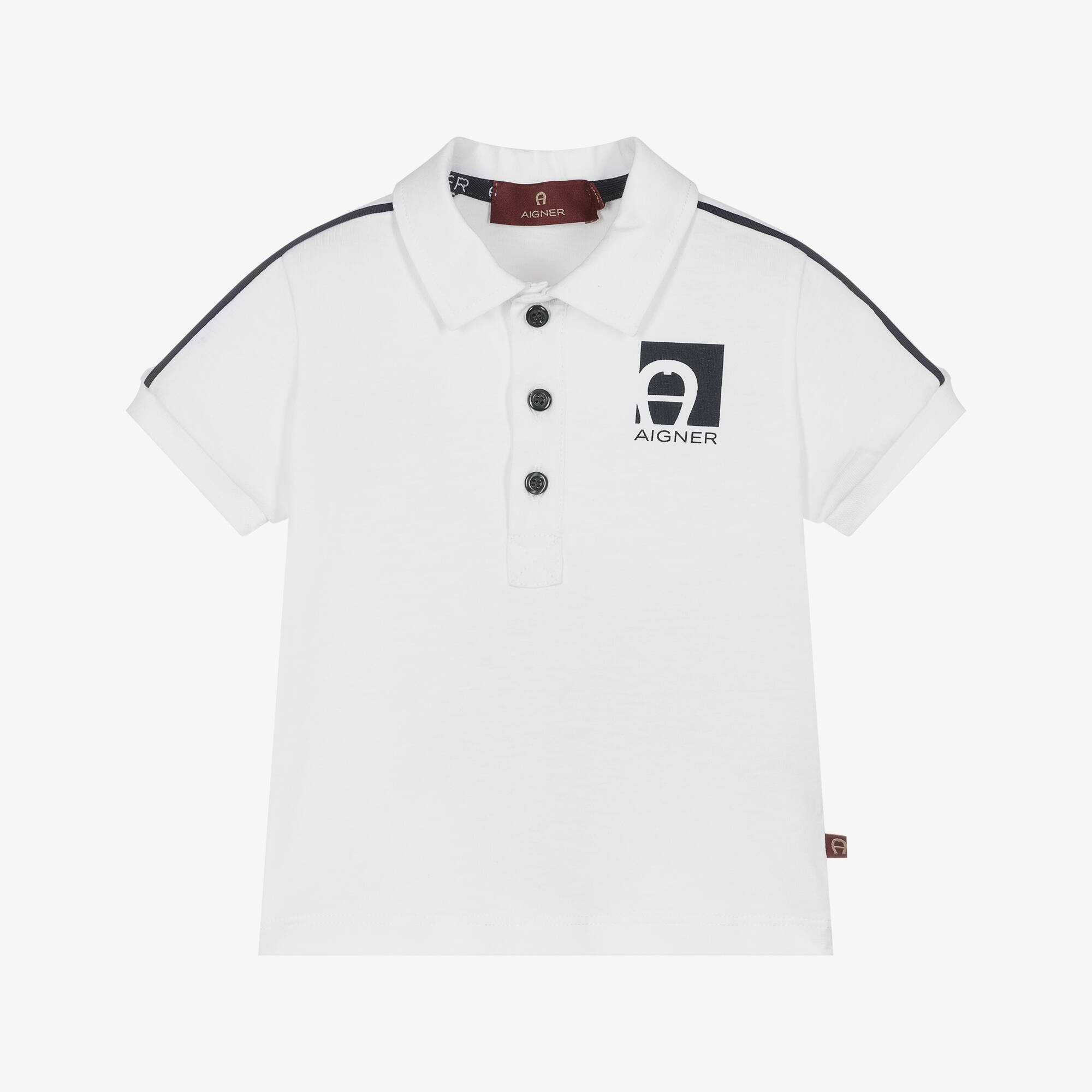 AIGNER - Boys White Jersey Polo Shirt with Navy Blue Piping | Childrensalon