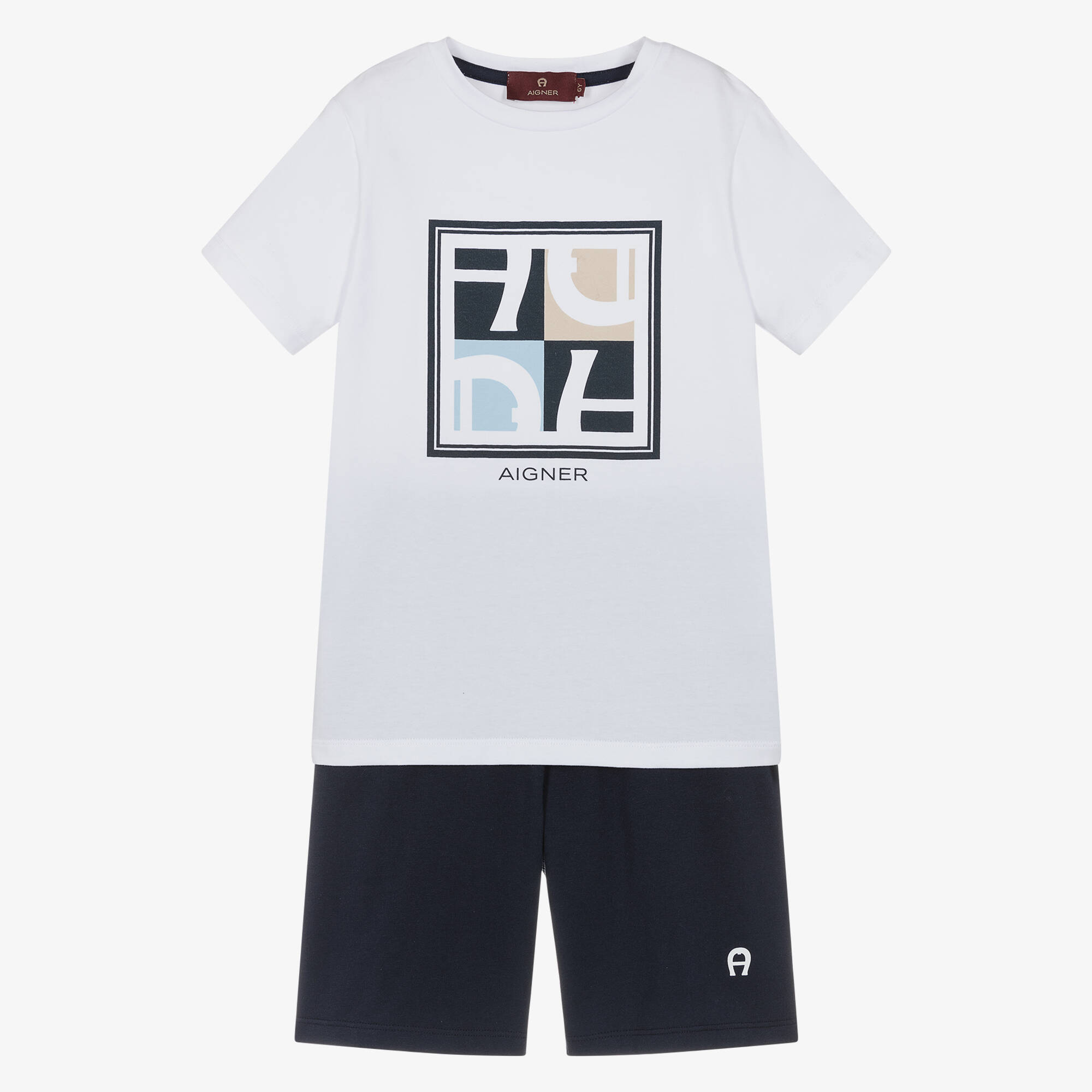 AIGNER - Boys White & Navy Blue Short Pyjamas with Graphic Logo ...