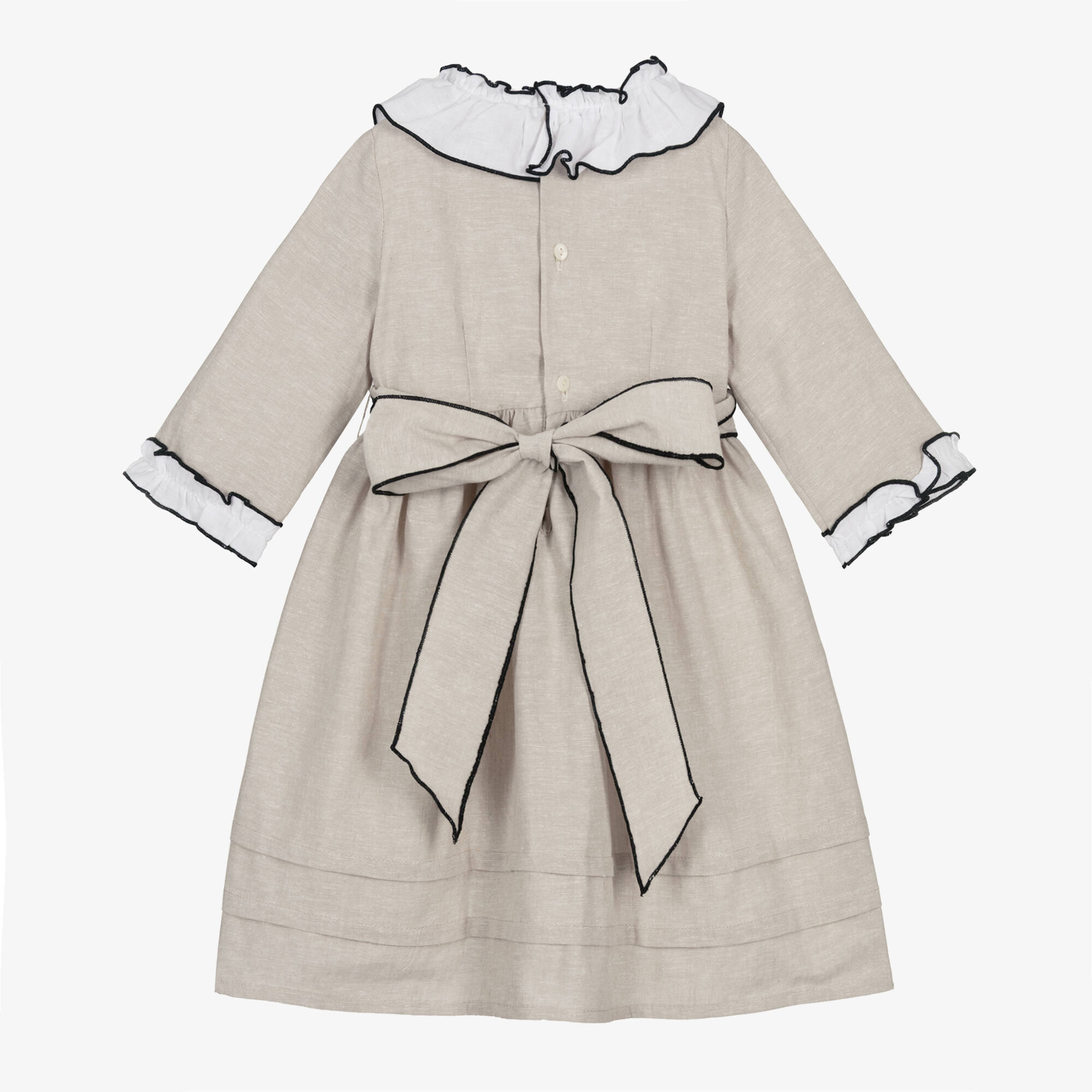Ancar - Girls Beige Dress with White Ruffle Collar | Childrensalon