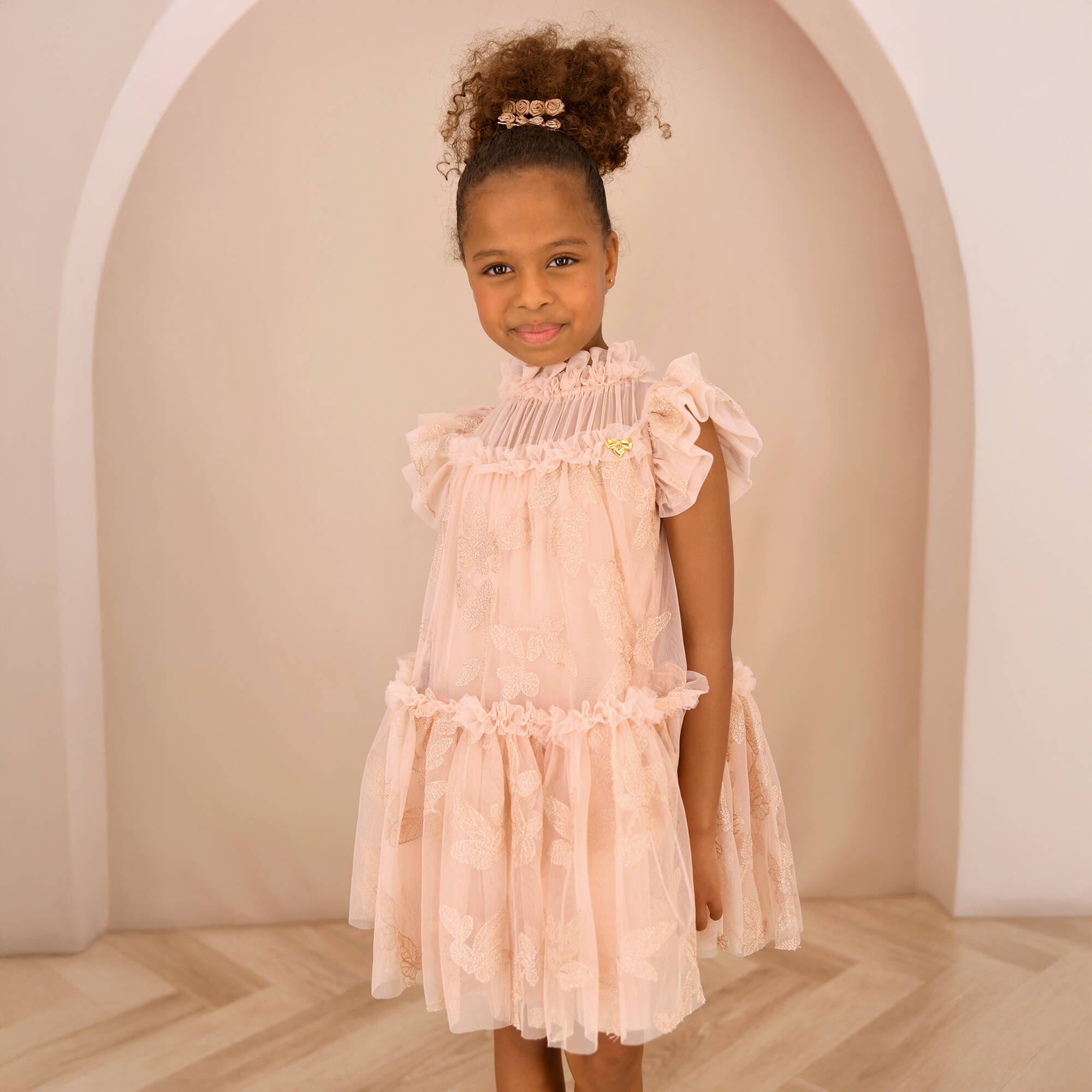 Angel's Face - Girls Champagne Tulle Dress with Embroidered Leaf Detail ...